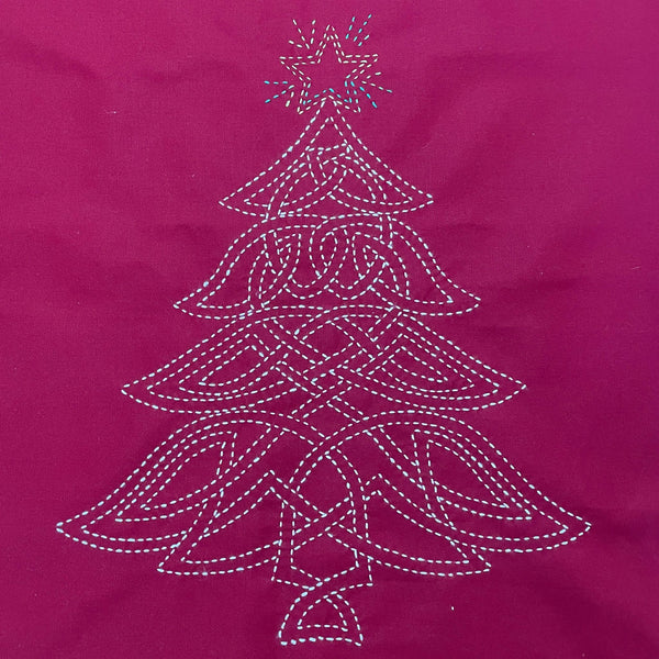 Celtic Christmas Tree Pre-Printed Sashiko Panel Cherry Red - Indigo Niche