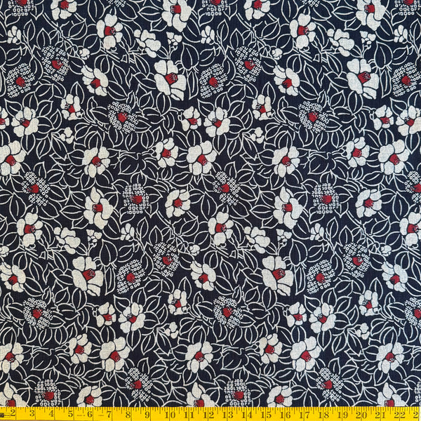 Scattered Camellia's - Cotton Print Fabric - $55 Per Metre - Indigo Niche