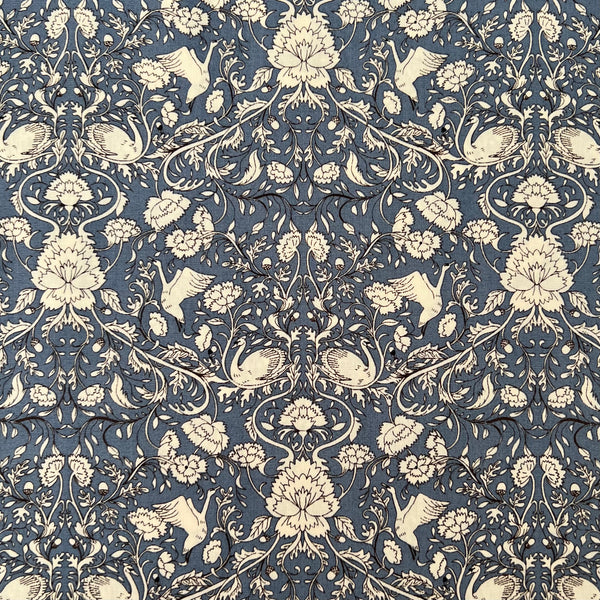 Swans & Florals Steel Blue - Cotton Fabric - $32 Per Metre - Indigo Niche