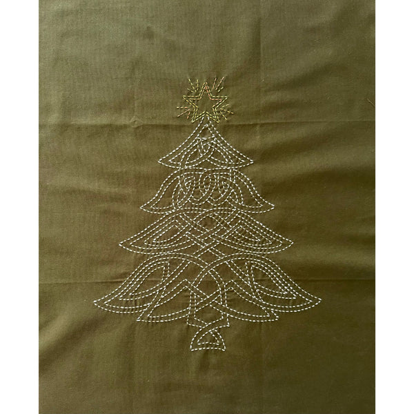 Celtic Christmas Tree Pre-Printed Sashiko Panel Olive Green - Indigo Niche