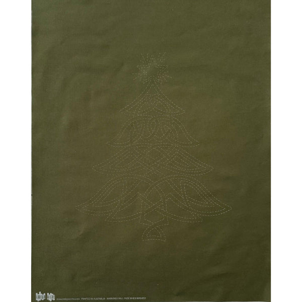 Celtic Christmas Tree Pre-Printed Sashiko Panel Olive Green - Indigo Niche